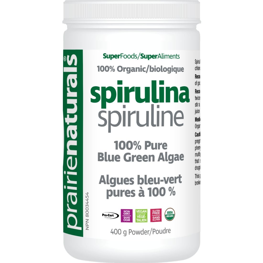 Prairie Naturals Organic Spirulina (100% Pure Blue Green Algae) 200g ...